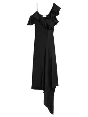 Celine Asymmetric Ruffled Satin Crepe Dress - Black