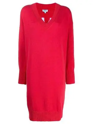 Kenzo Kenzo V-Neck Logo Knit Dress Red