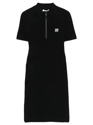 Miu Miu Short-sleeved Ribbed Mini Dress With Half-zip - Black