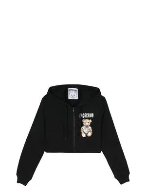 Moschino Cropped Cotton Hoodie With Logo Print - Black