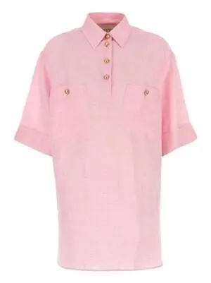 Valentino Garavani Short Sleeves Linen Blouse With Classic Collar - Pink