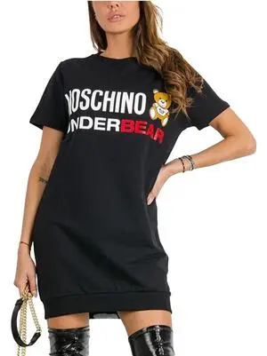 Moschino Teddy Bear Print Round Neck Short Sleeve Mini Dress - Black