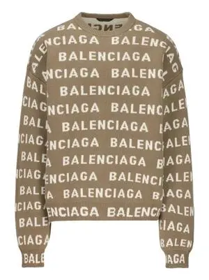 Balenciaga Allover Logo Intarsia Knitted Jumper - Brown