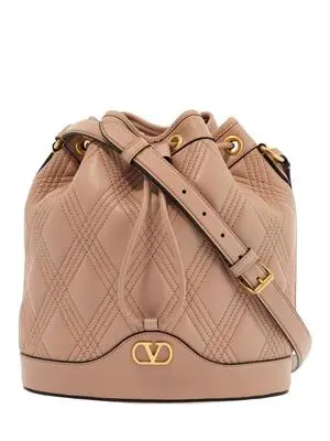 Valentino Garavani Vlogo Plaque Quilted Drawstring Shoulder Bag - Nude