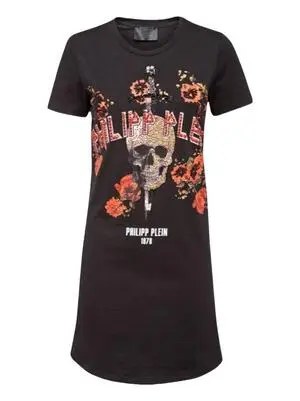 Philipp Plein Skull And Floral Embellished T-shirt Dress - Black