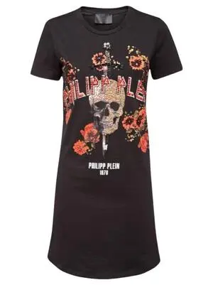 Philipp Plein Skull And Floral Embellished T-shirt Dress - Black