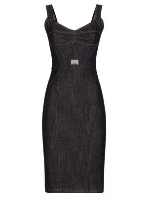 Dolce & Gabbana Sleeveless Midi Denim Dress With Logo Plaque - Black