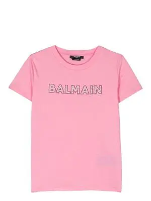 Balmain Embellished Logo Cotton T-shirt - Pink