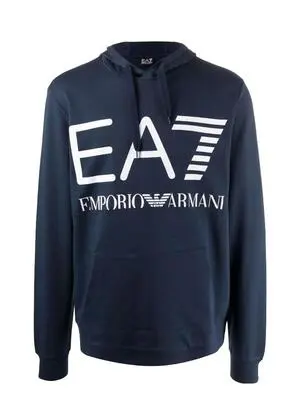 EA7 Logo Print Cotton Hoodie - Gray