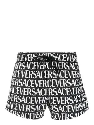 Versace Logo Printed Drawstring Swim Shorts - Black