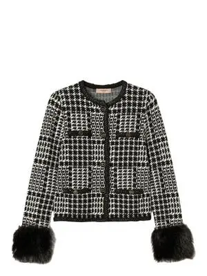 TWINSET Houndstooth Trimmed Jacket With Fur Cuffs - Black