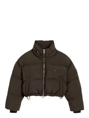 Ami Zipped Puffer Jacket With Invisible Hood And Leather Patch - Dark Brown