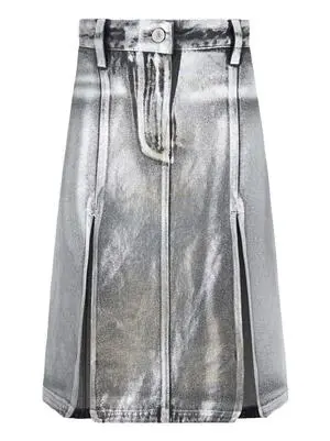 Attico Coated Denim Midi Skirt With Side Slits - Silver