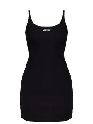 Versace Logo Embroidered Ribbed Mini Dress - Black