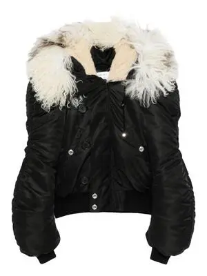 Alexander McQueen Shearling Trim Ruched Bomber Jacket - Black