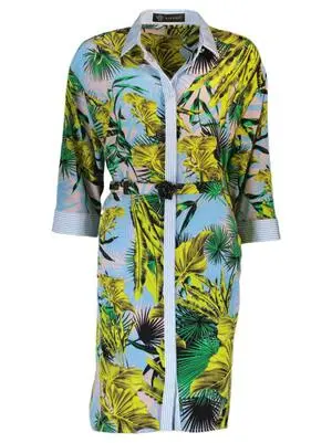 Versace Tropical Print Belted Shirt Dress - Green