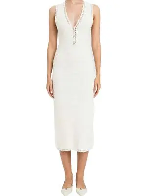 TWINSET Crochet Knit V-neck Midi Dress - White