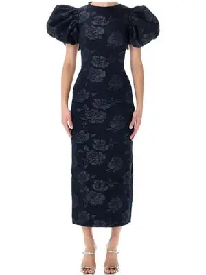 ROTATE BY BIRGER CHRISTENSEN Jacquard Puff Sleeve Midi Dress - Black