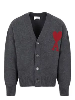 Ami De Coeur Knitted Buttoned Cardigan - Gray/red Blend