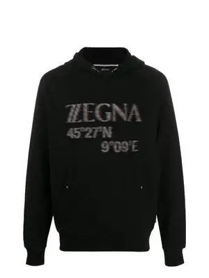 Zegna Logo Printed Hooded Sweater - Black