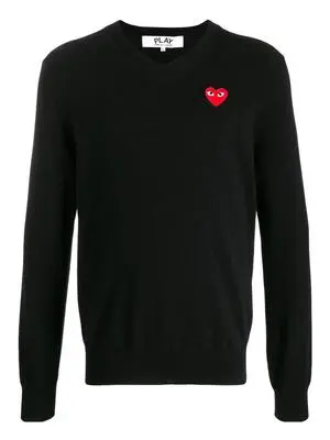 Play Comme Des Garcon Comme Des Garçons Play V-neck Wool Jumper With Heart Appliqu - Black