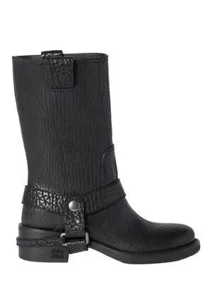 Miu Miu Moto Round-toe Boots With Buckle Detailing - Black