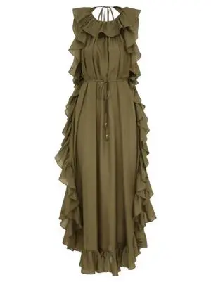 Zimmermann Cascadian Ruffle Midi Dress - Olive