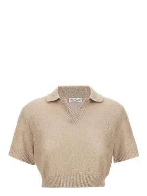 Brunello Cucinelli Sequin Embellished Cropped Polo Shirt - Nude