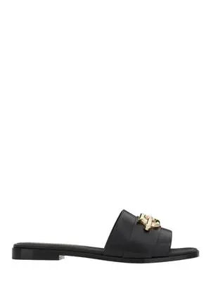 FERRAGAMO Square Toe Chain Detail Slide Sandals - Black