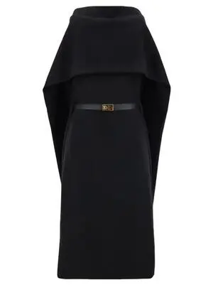 FERRAGAMO Midi Dress With Cape Effect And Belt - Black