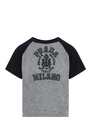 Prada Knitted Short Sleeve Top With Logo Detail - Gray
