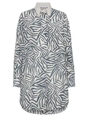 Brunello Cucinelli Zebra Print Cotton-silk Long Sleeve Shirt Dress - Gray