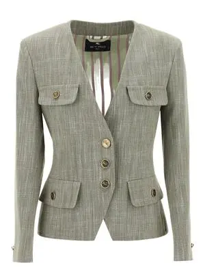 Etro Single-breasted V-neck Jacket With Button Details - Gray