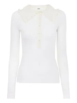 CHLOÉ Chloe Lace Collar Long Sleeve Knit Shirt