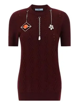 Prada Virgin Wool Sweater With Embellished Front - Brown