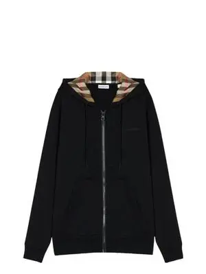 Burberry Cotton Blend Zip Hoodie With Logo Detail - Black