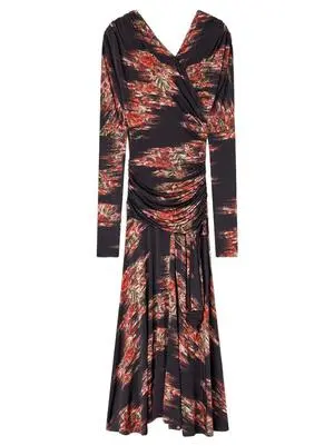 GANNI Floral Print Asymmetrical Neckline Draped Ruched Dress - Black
