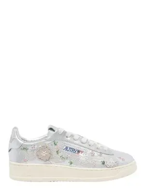 AUTRY Rose Dallas Metallic Leather Low-top Sneakers With Floral Embroidery - Silver