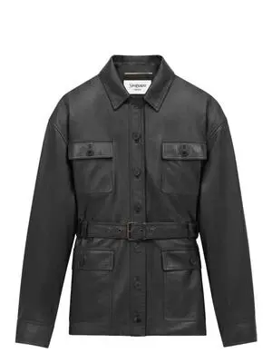 Saint Laurent Saharienne Belted Leather Jacket - Black