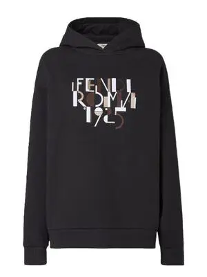 Fendi Roma Logo Printed Cotton Hoodie - Black