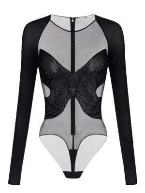Elisabetta Franchi Long Sleeve Tulle Jersey Bodysuit - Black