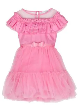 Monnalisa Ruffled Crewneck Tulle Dress - Pink