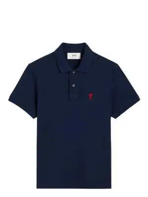 AMI Paris Logo Embroidered Short Sleeved Polo Shirt - Night Blue