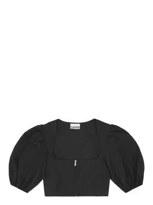 GANNI Puff Sleeve Cropped Top - Black