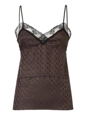 Fendi Jacquard Ff Silk Sleeveless Top With Lace Trim - Brown