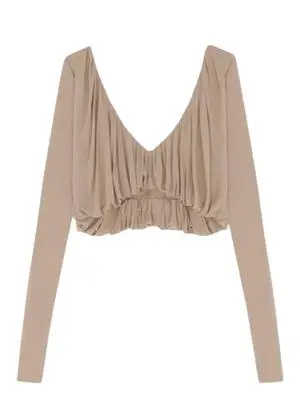 Saint Laurent V-neck Cropped Top With Pleated Details - Nude