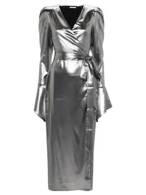 ROTATE BY BIRGER CHRISTENSEN ROTATE Wrap Midi Dress With Deep V-Neck And Bubble Sleeves