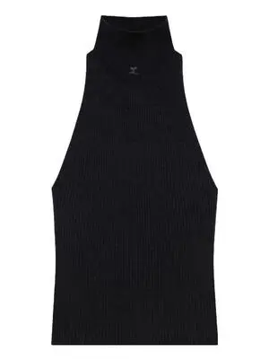 COURREGES Courrèges Sleeveless Ribbed Knit High Neck Tank Top With Logo - Black
