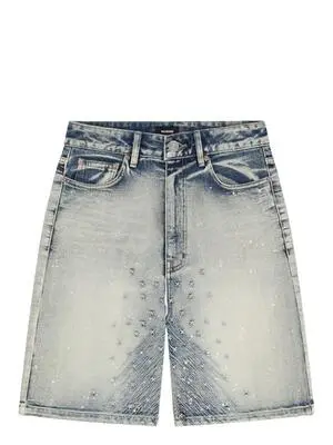 We11Done Mid-waist Faded Denim Shorts With Rhinestone Embellishments - Sky Color