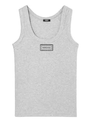 Versace Ribbed Stretch Tank Top With Retro Logo Patch - Grey